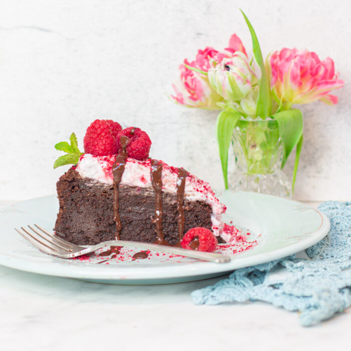 Flourless Chocolate Mousse Cake with Crushed Raspberry Coconut Whipped ...