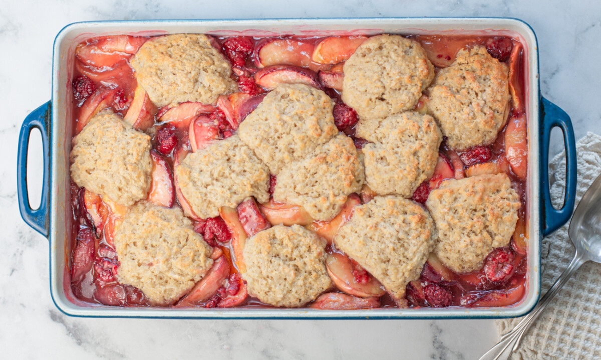 White Peach & Raspberry Cobbler - Buttermilk Drop Biscuits - A Zest for ...
