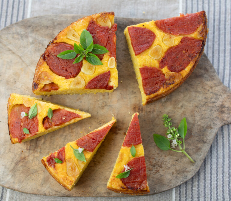 Karen's Upside-Down San Marzano Tomato Topped Cornbread - A Zest for Life