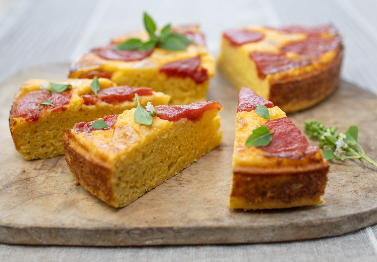 Karen's Upside-Down San Marzano Tomato Topped Cornbread - A Zest for Life